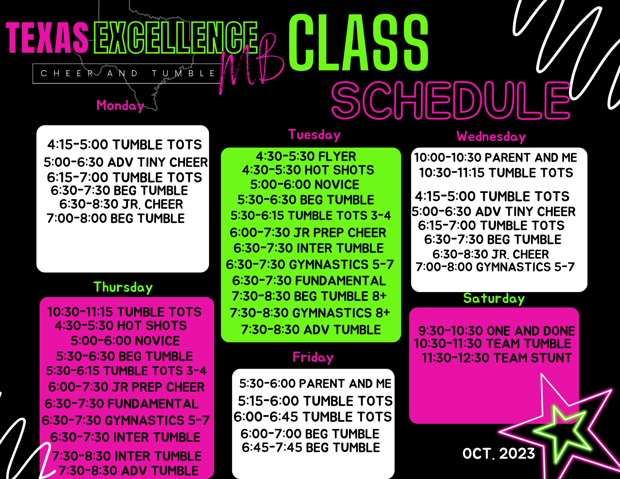 Texas Excellence Cheer and Tumble - CLASS SCHEDULE
